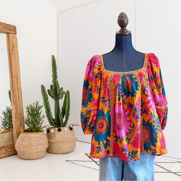FARM Rio | Tops | Anthropologie Farm Rio Floral Crochet Trim Blouse ...
